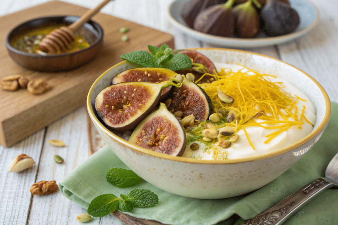 Saffron Honey Yogurt Bowl with Roasted Figs